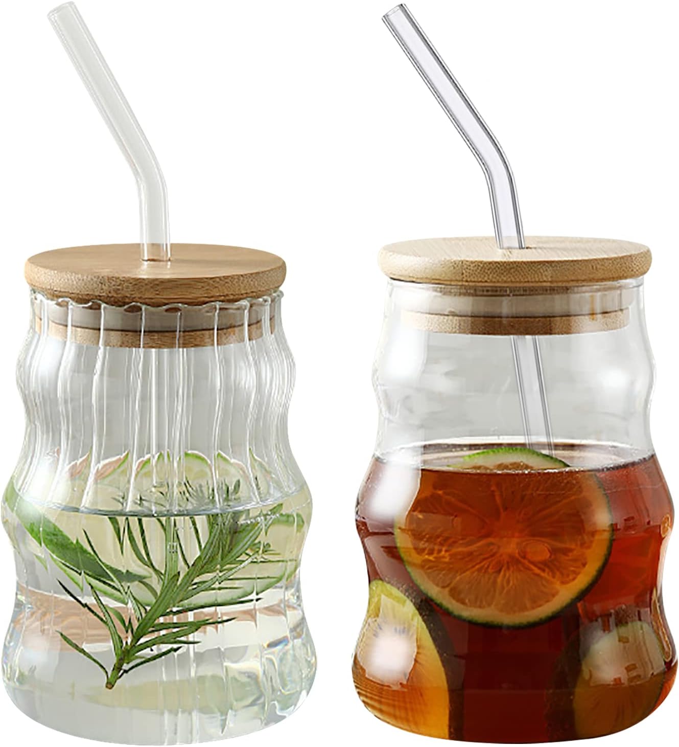 Amazon.com | 2 Pcs Ribbed Glassware Drinking Glasses with Bamboo Lid ...