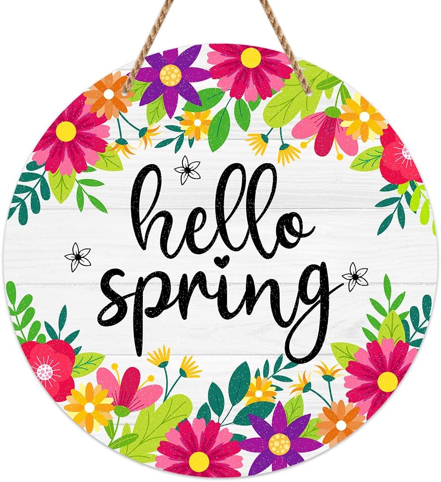 Amazon.com : PETCEE Hello Spring Door Sign,11.8" Colorful Flowers ...