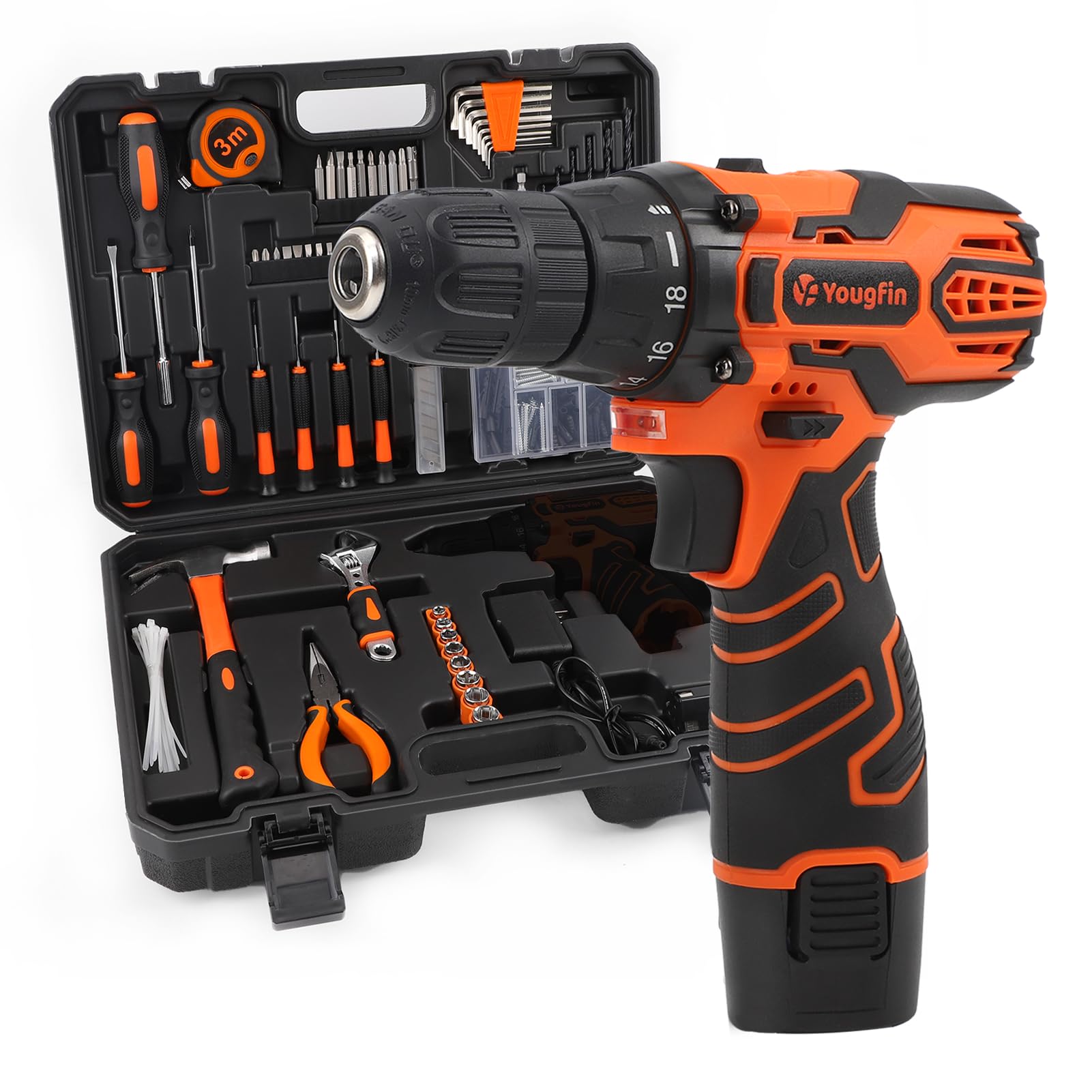 YOUGFIN Tool Kit with Drill 12V, Home Tool Set with Cordless Drill for ...