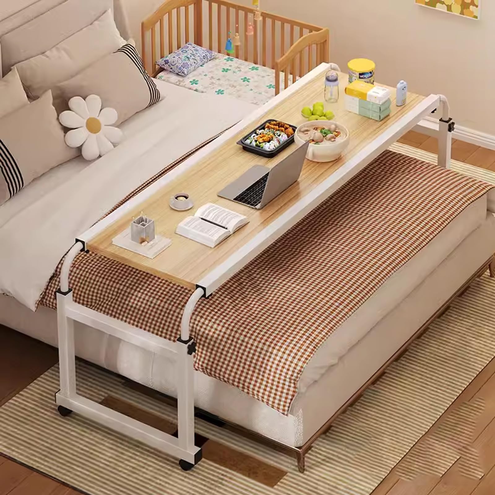Rolling Bed Table, Over Bed Table with Wheels Adjustable Height ...