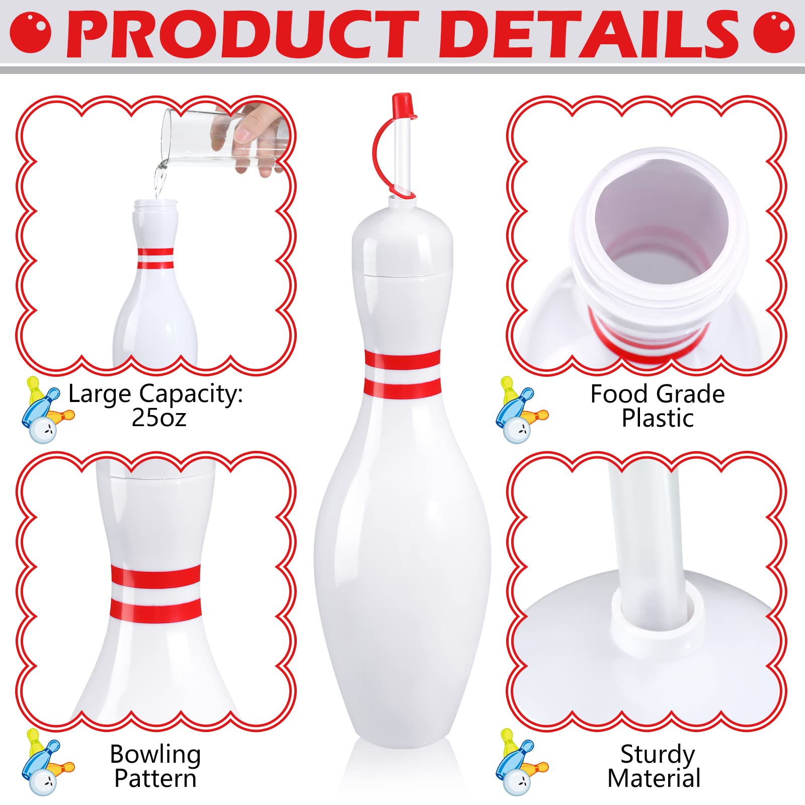 Bowling Pin Water Bottles with Straws and Lids 25 oz Plastic Reusable ...