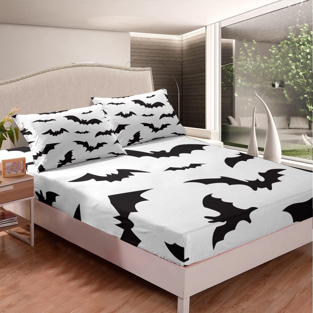 Amazon.com: Halloween Bats Bed Sheet Set Kids Black White Bat Fitted ...