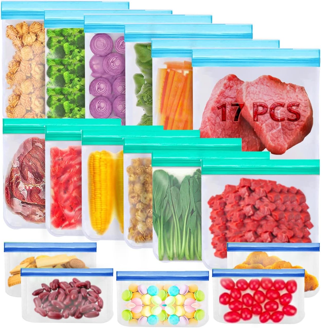 SHAHZ Reusable Ziplock & Ziploc Bags (12-Pack) Leakproof Freezer Bags ...