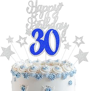 Amazon.com: 30th Happy Birthday Cake Topper, Blue Silver Glitter 30th ...