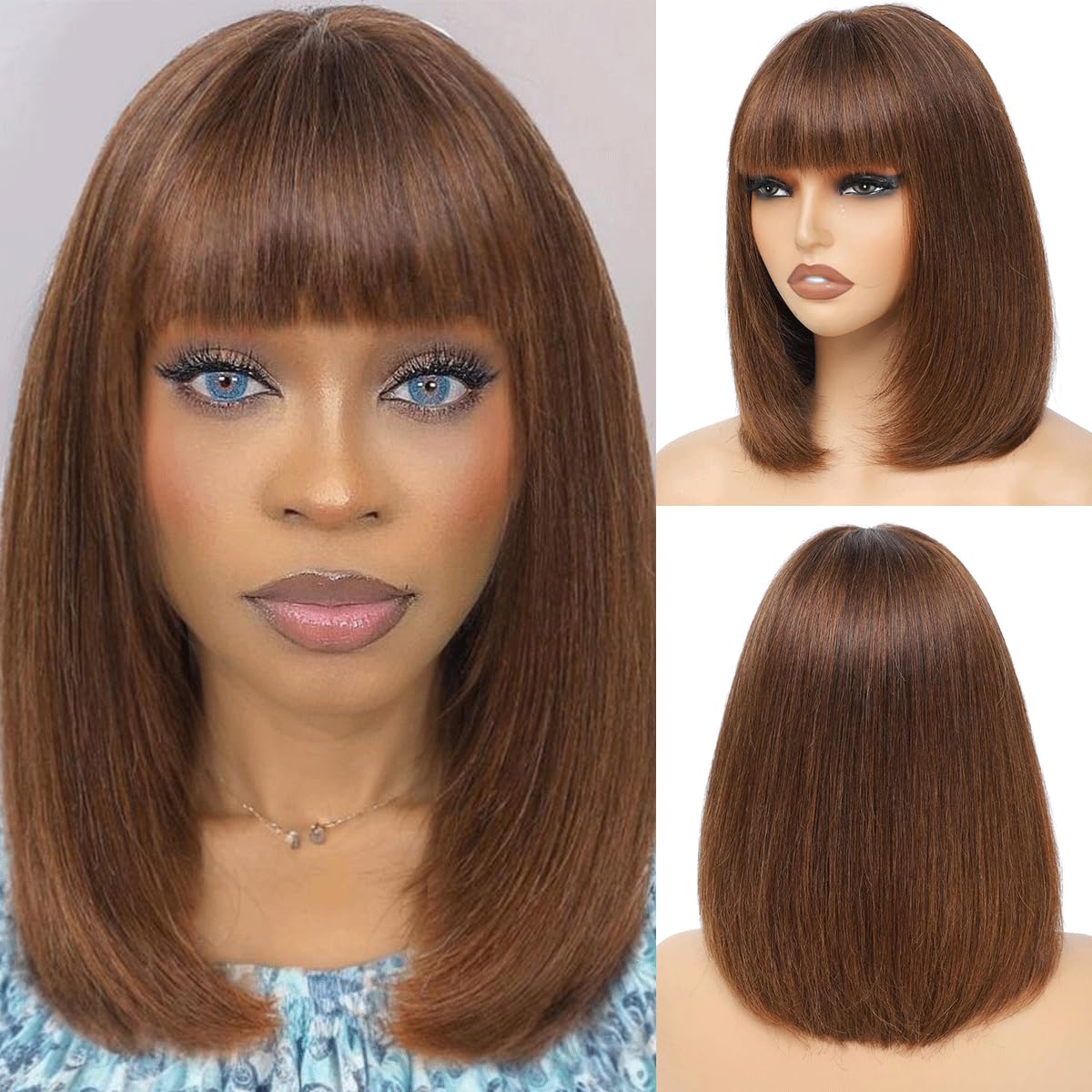 Amazon.com : Bob Wig with Bangs Human Hair Brown Wig Human Hair Short ...