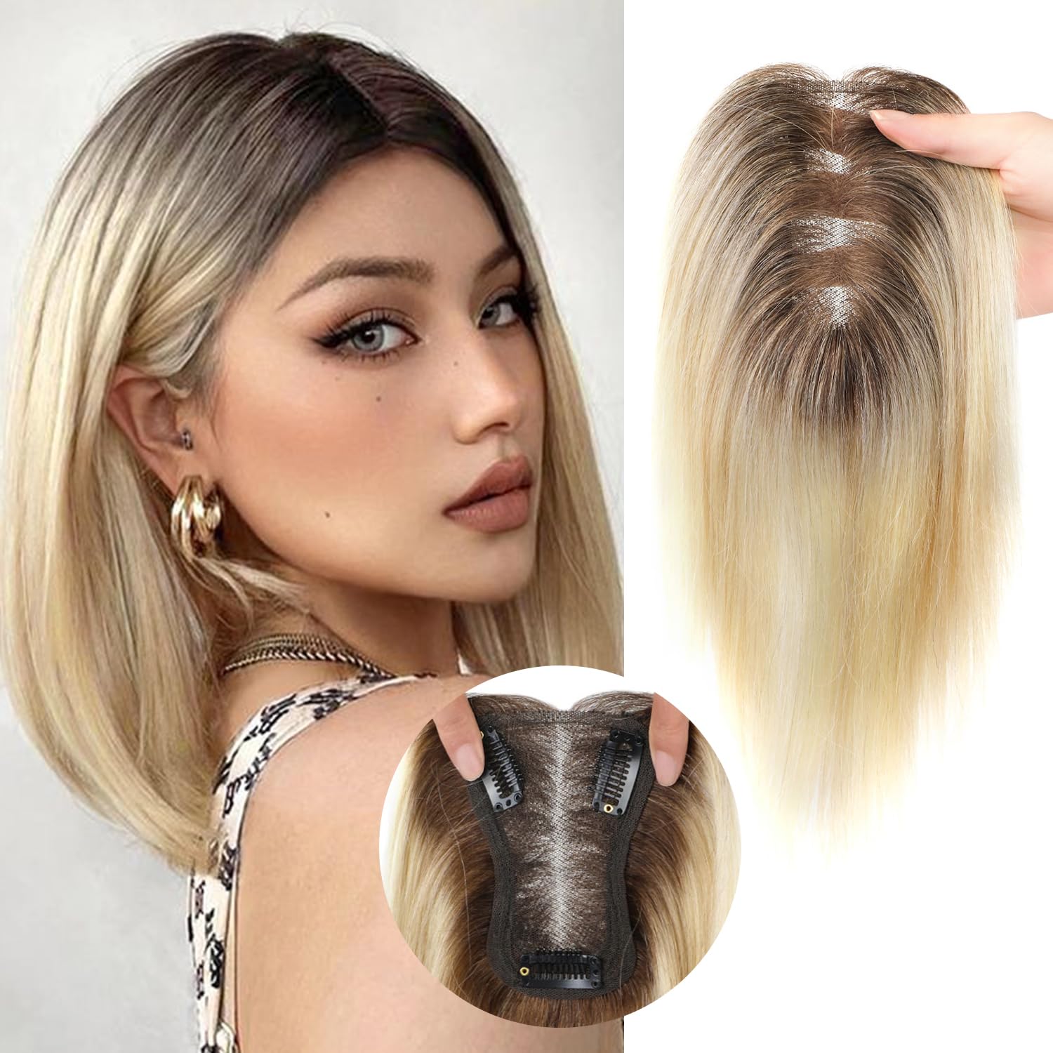 Amazon.com : DUGPOB Dark Root Women's Real Human Hair Topper - Blonde ...