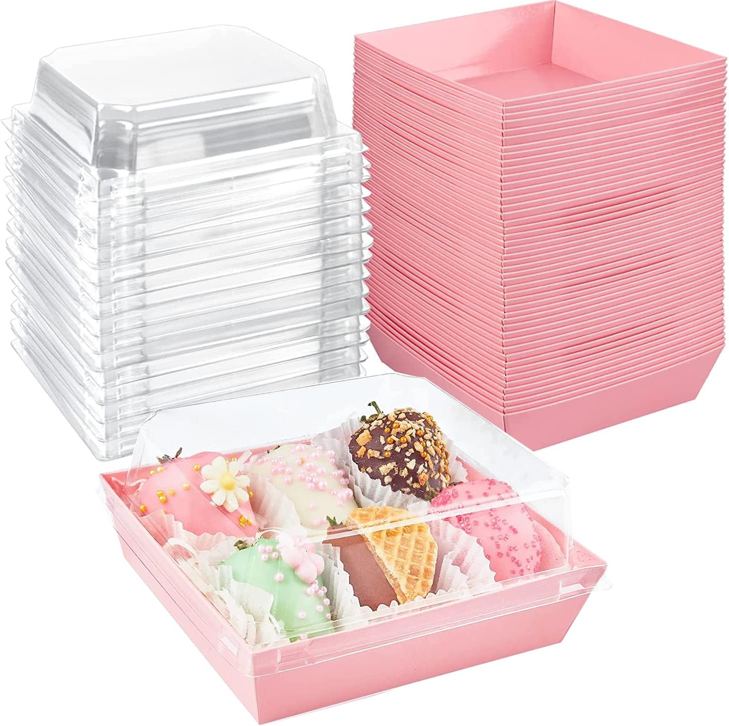 XIAOHONG 50 Pack Charcuterie Boxes with Clear Lids, 5 Inches Pink ...