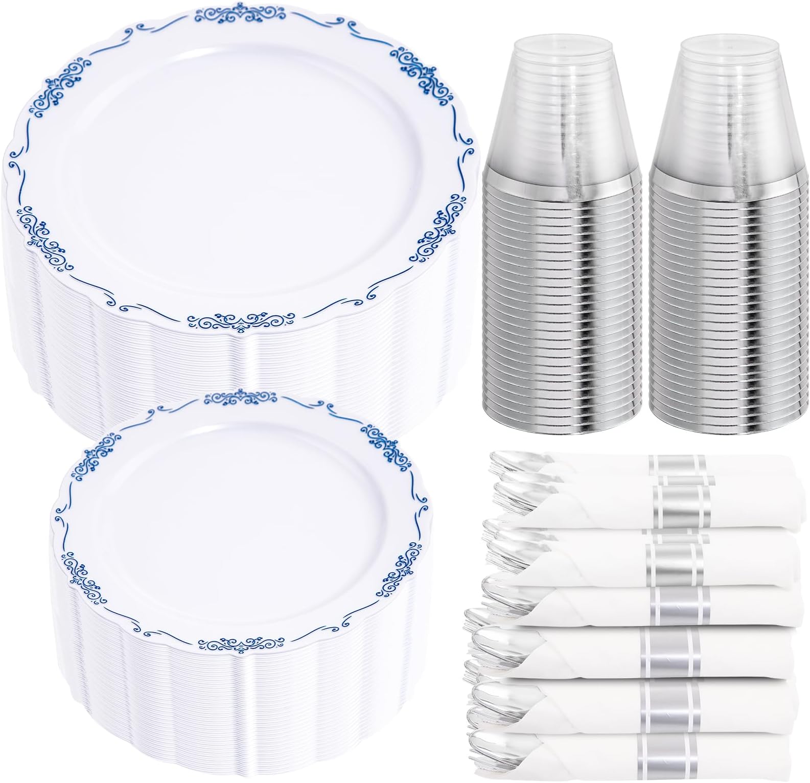 Amazon.com: DaYammi 350Pcs Blue and White Plastic Plates Disposable ...
