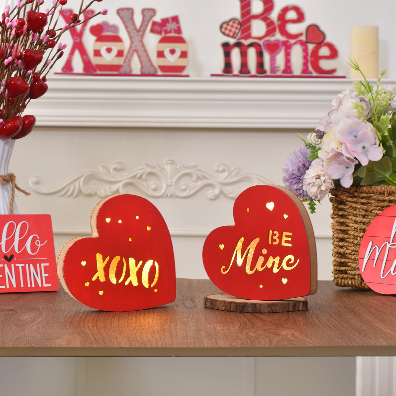 Amazon.com : Valentine's Day Heart Decor – 2PCS Lighted Wooden Heart ...