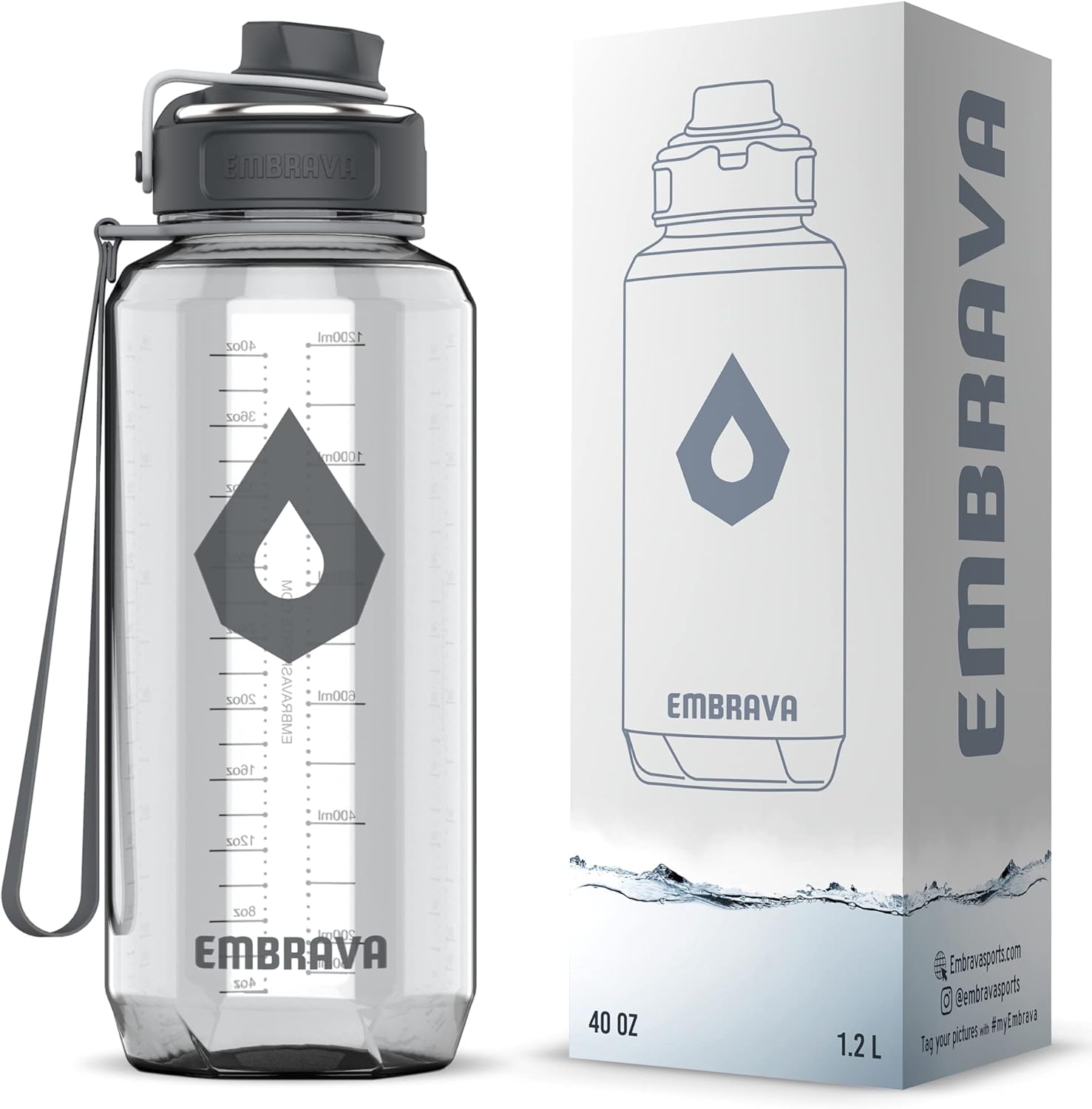Embrava 40oz Water Bottle - Large with Travel Carry Ring - Wide Leak ...