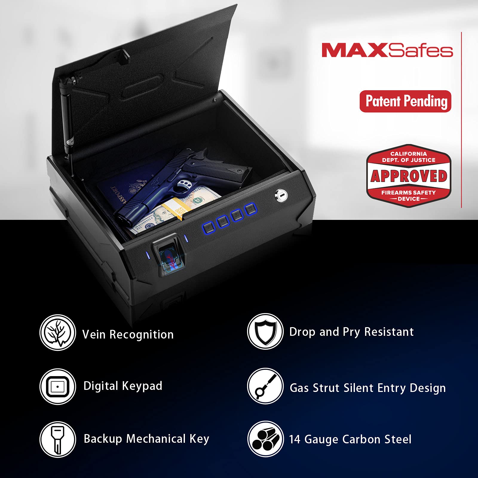 MAXSafes Gun Safe with Super Biometric Finger Vein Recognition Lock, Quick-Access Fingerprint ...