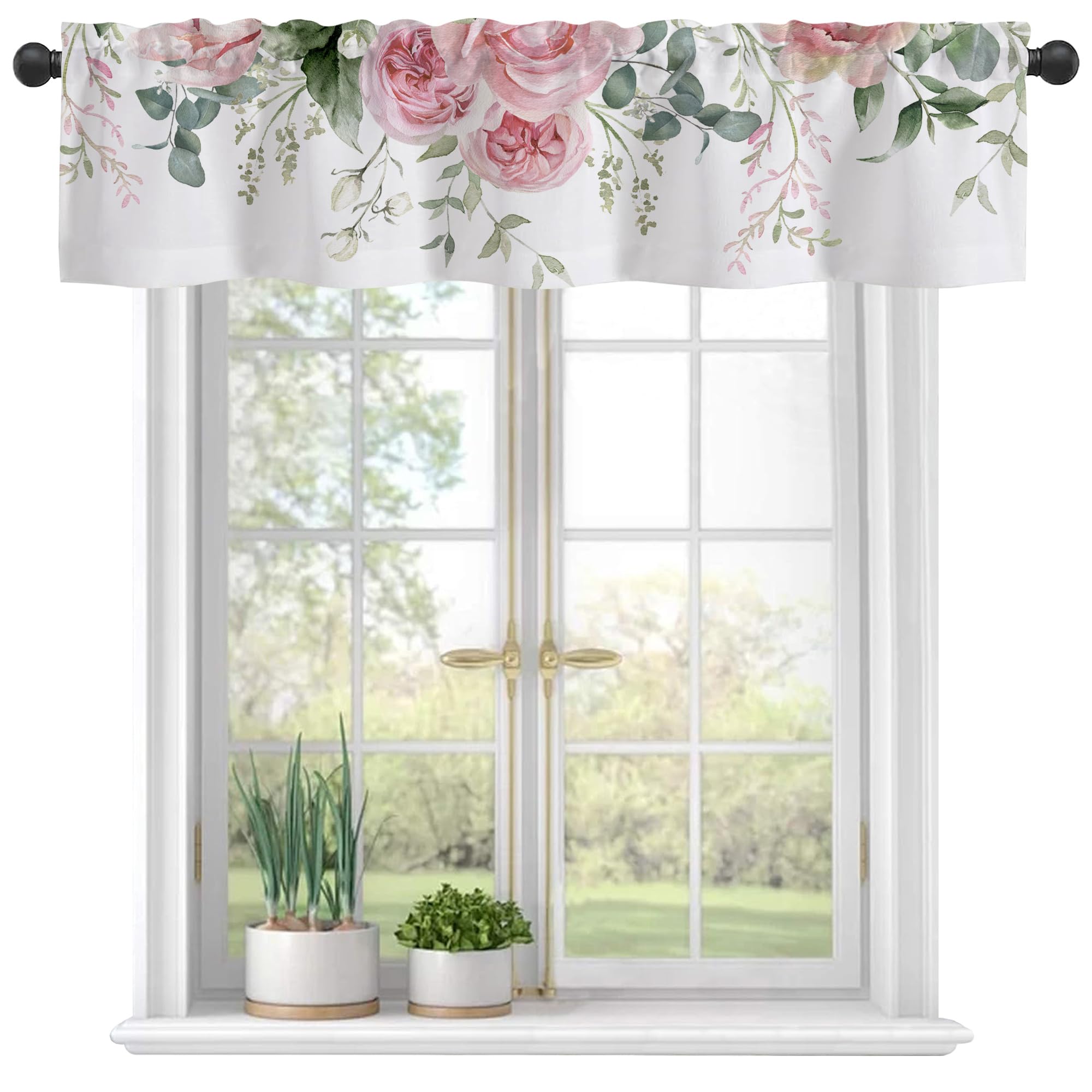 Amazon.com: Curtain Valances, Watercolor Pink Flowers and Eucalyptus ...