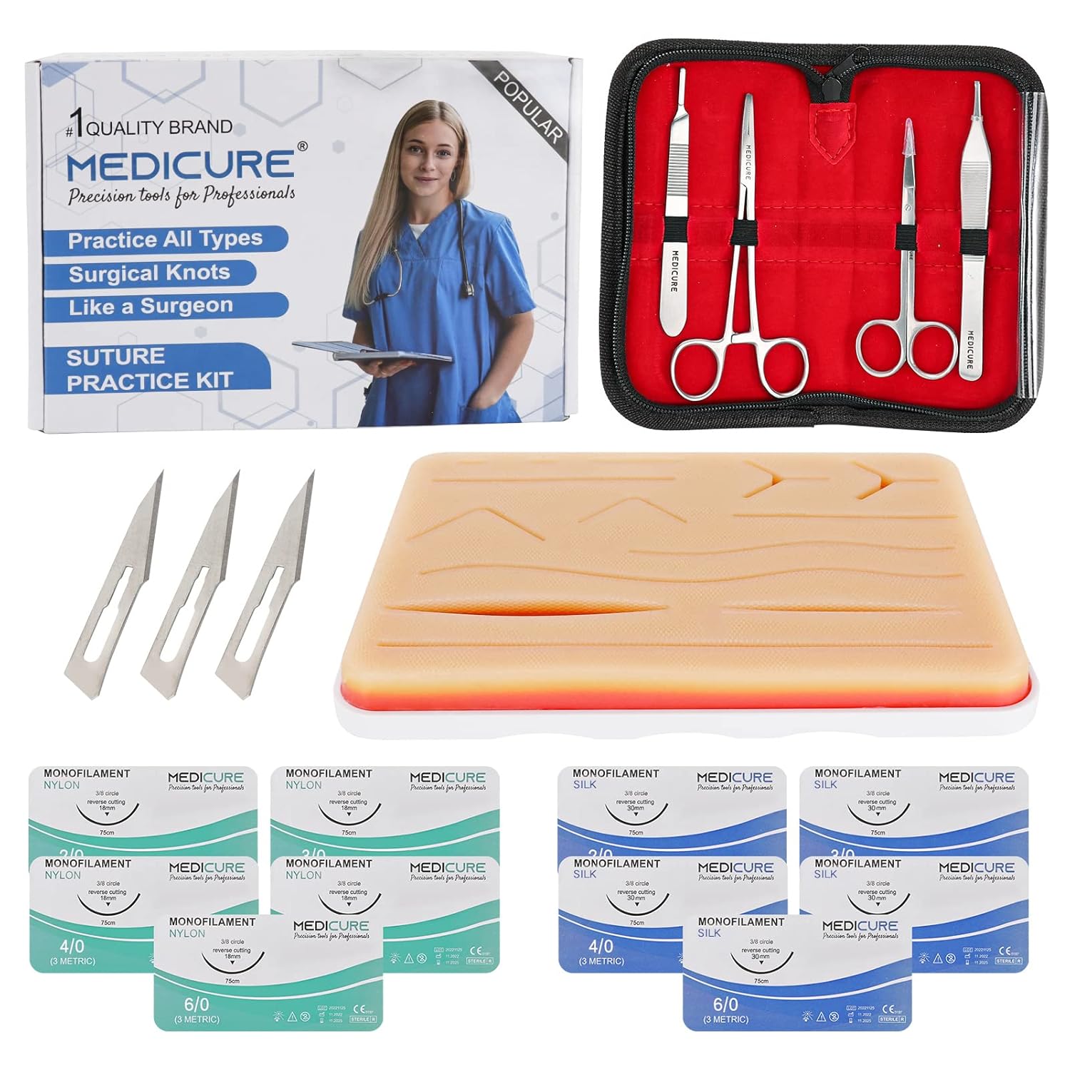 Medicure Standard Suture Practice Kit - Large Silicone Suture Pad with ...