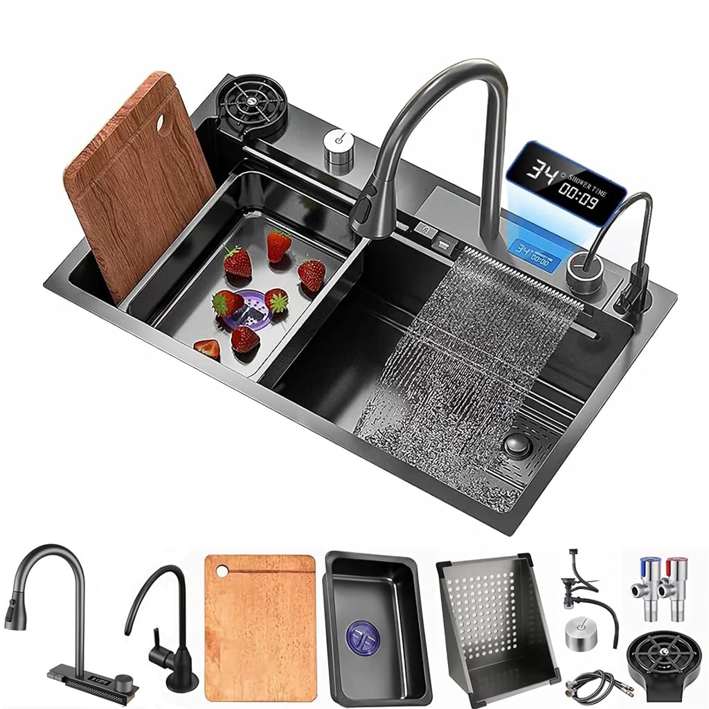 LIJIJUCN Black Kitchen Sink, Waterfall Single Bowl Sink with LED TEMP ...