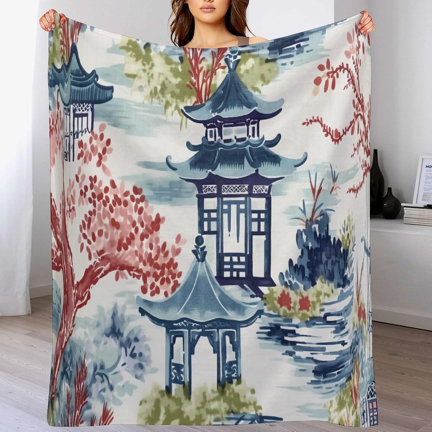 Amazon.com: PrintingCo Chinoiserie Flannel Blanket Pagoda Coral Blue ...