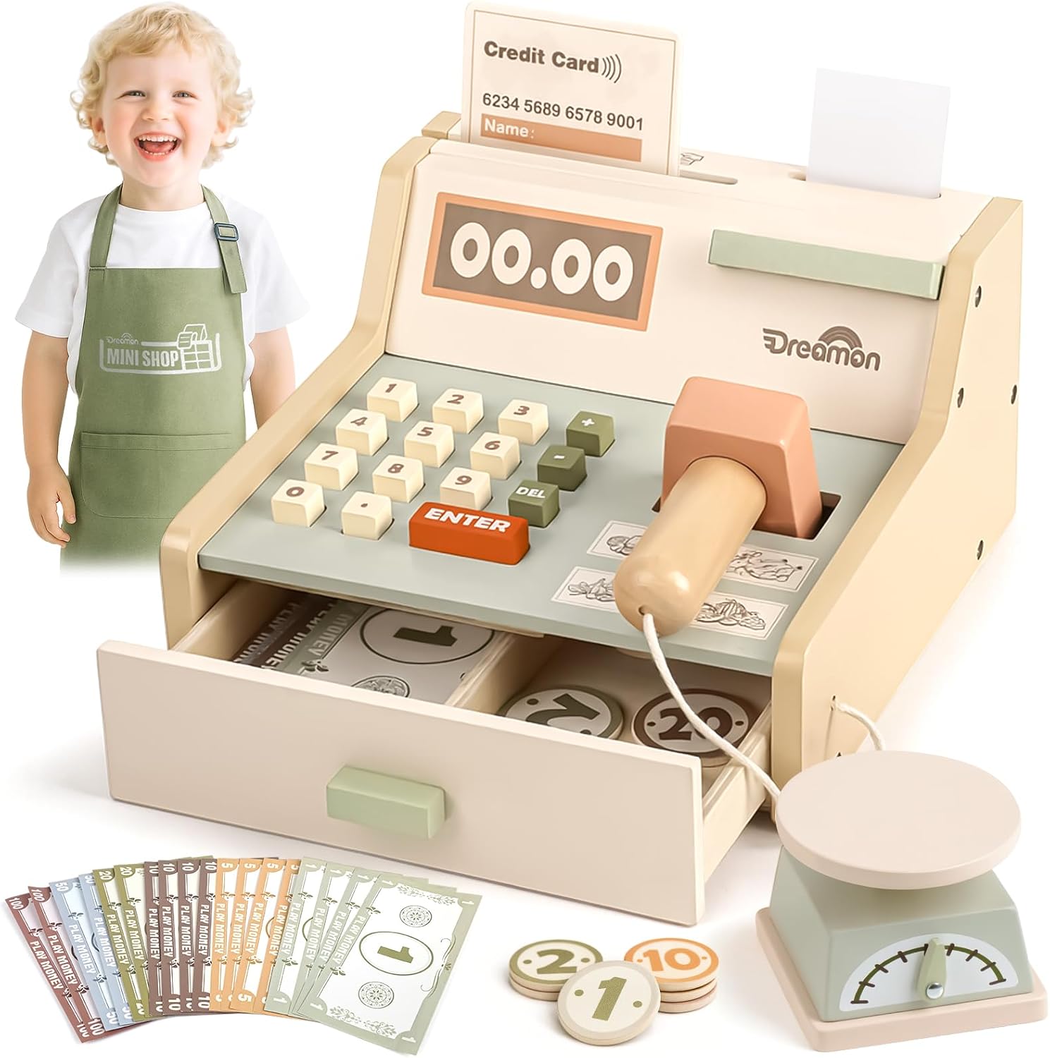 Dreamon Wooden Till Toys for Kids Cash Register with Scanner Play Money ...