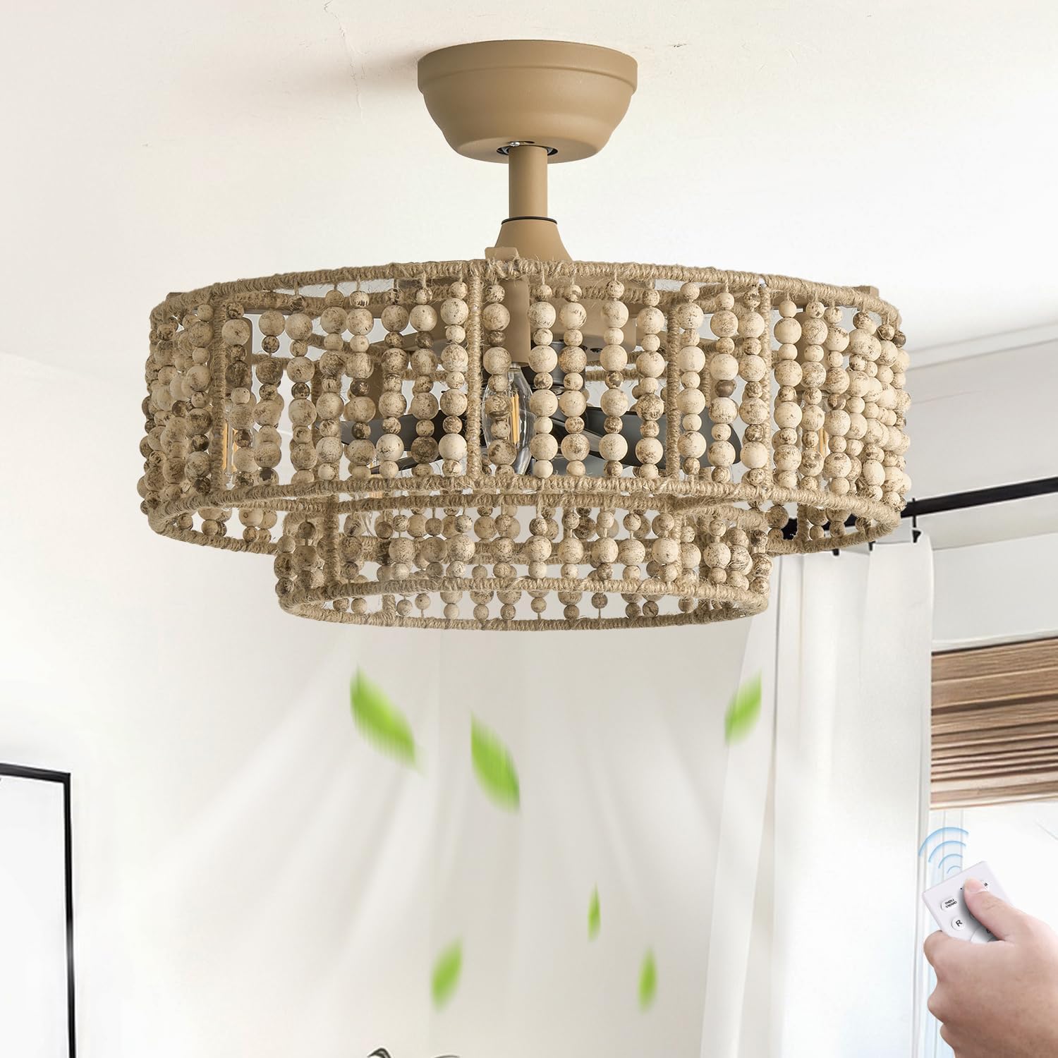 20'' Boho Ceiling Fan with Light, Rustic Wood Beaded Ceiling Fans with ...