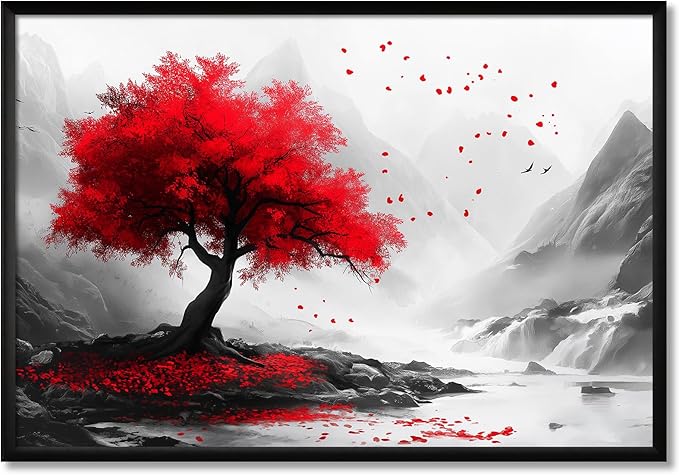 Amazon.com: Black And White Red Tree Wall Art Modern Nature Landscape ...