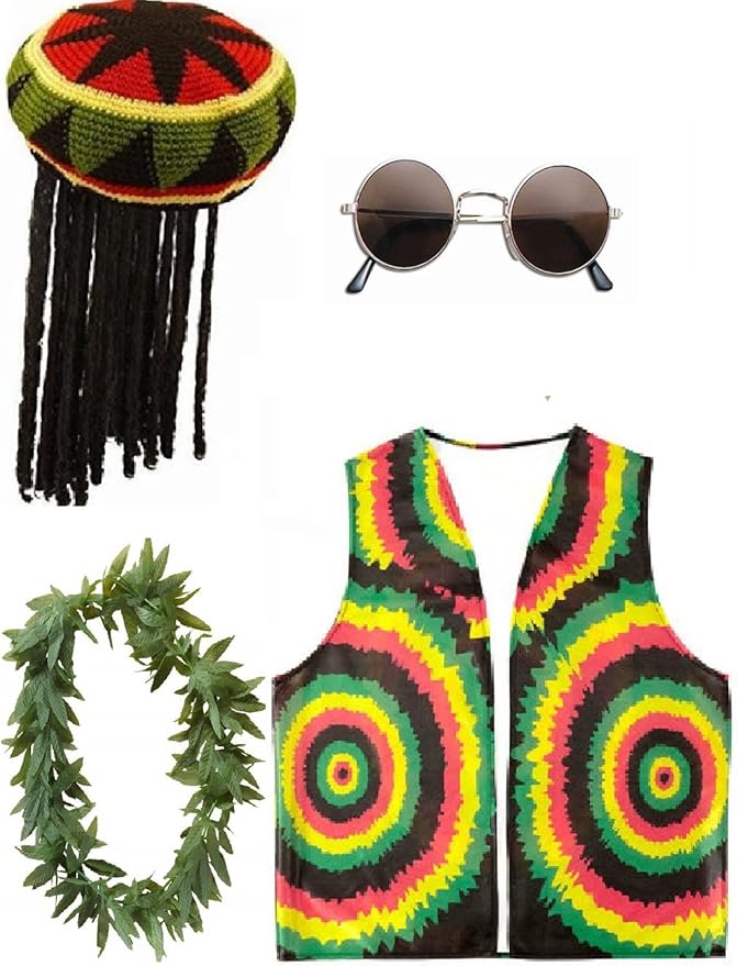 Mega_Jumble® Unisex Reggae Rasta Jamaican Hat w/Wig, Lei Garland ...
