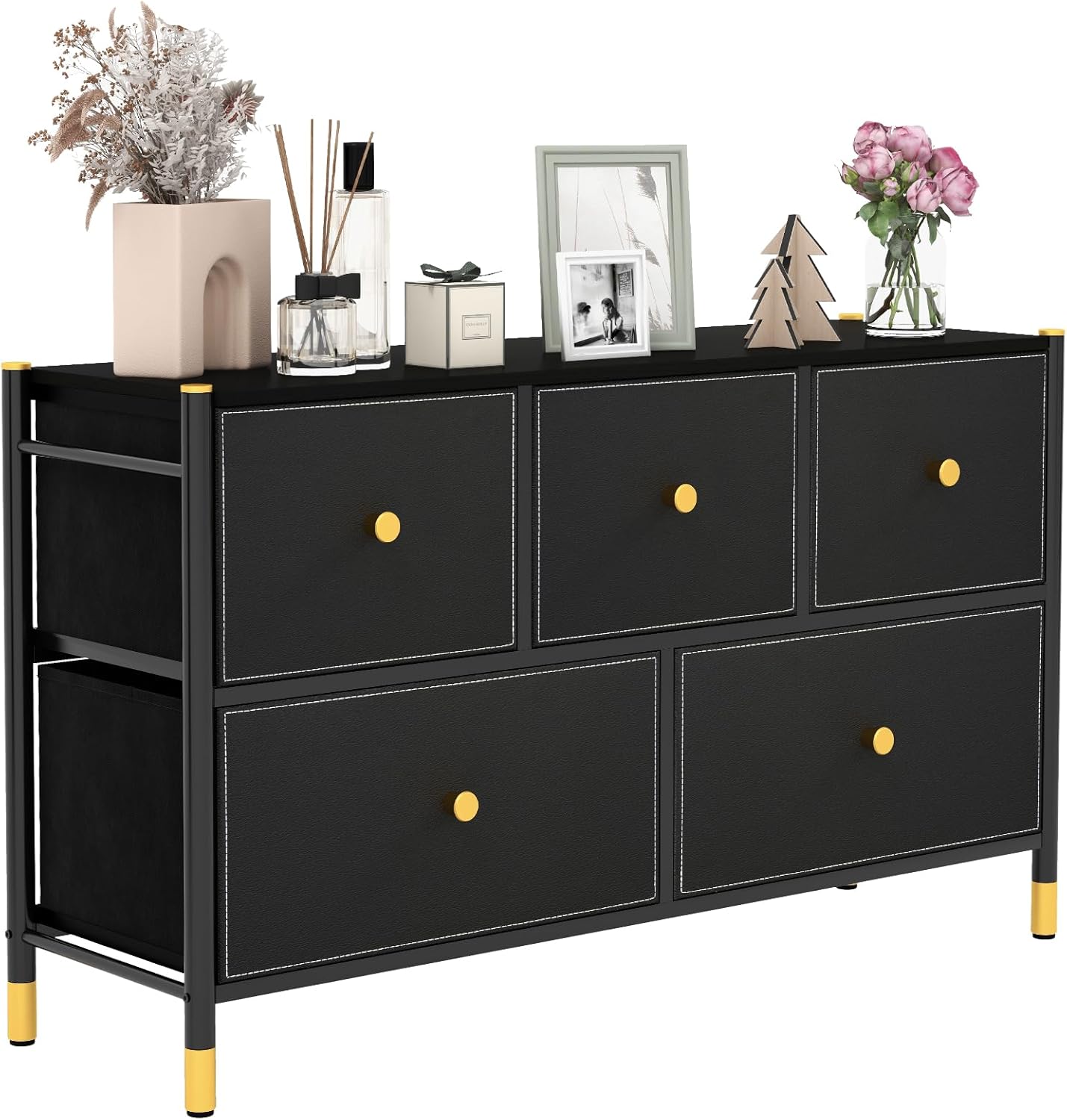 COSTWAY Commode Chambre, Commode Chambre Adulte 5 Tiroirs en Cuir PU et ...