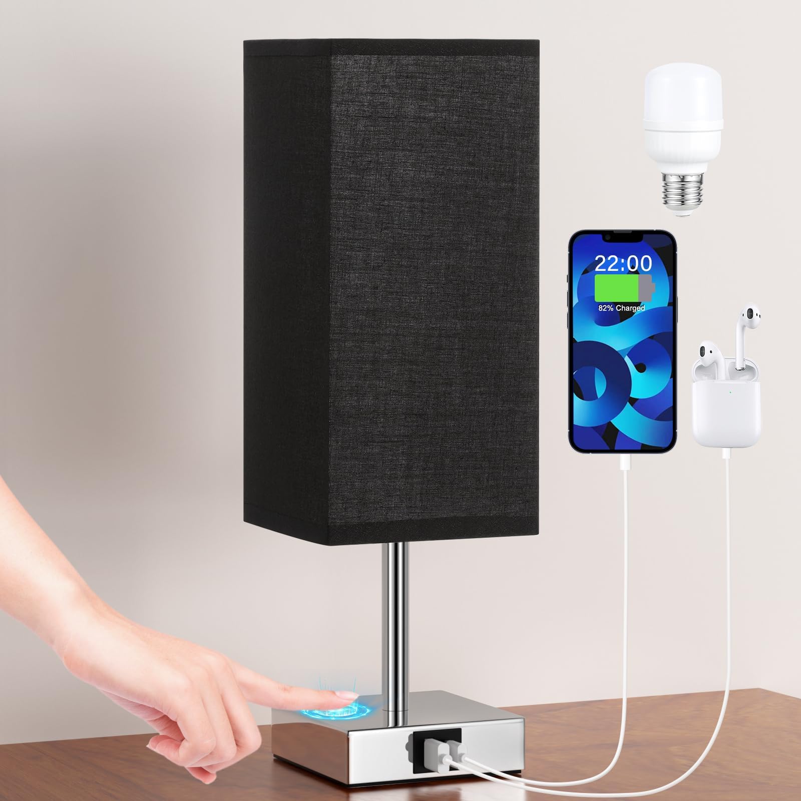 Pair of - Modern Black Chrome Touch Dimmer Bedside Table Lamps with ...