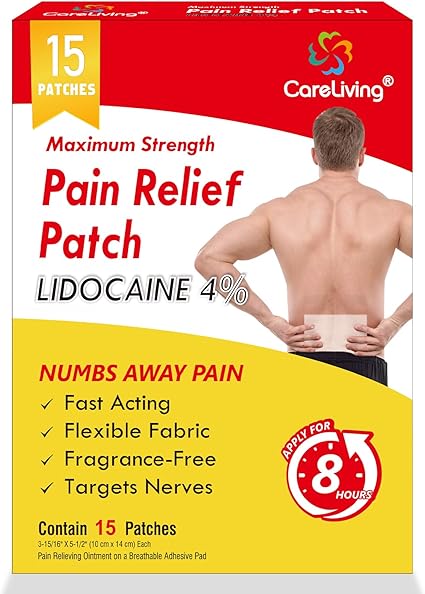 Amazon.com: CARELIVING 4% Lidocaine Pain Relief Patch, 3.9” x 5.5”, 15 ...