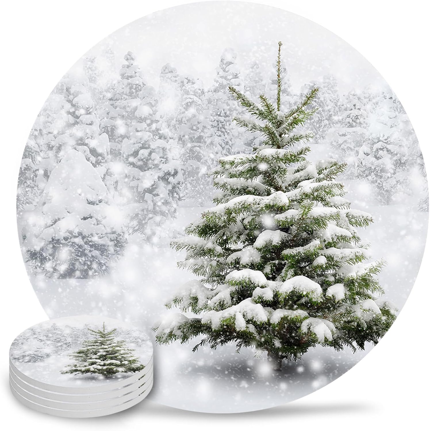 Amazon.com: Winter Christmas Pine Tree Drink Coasters, Snowy Forest ...