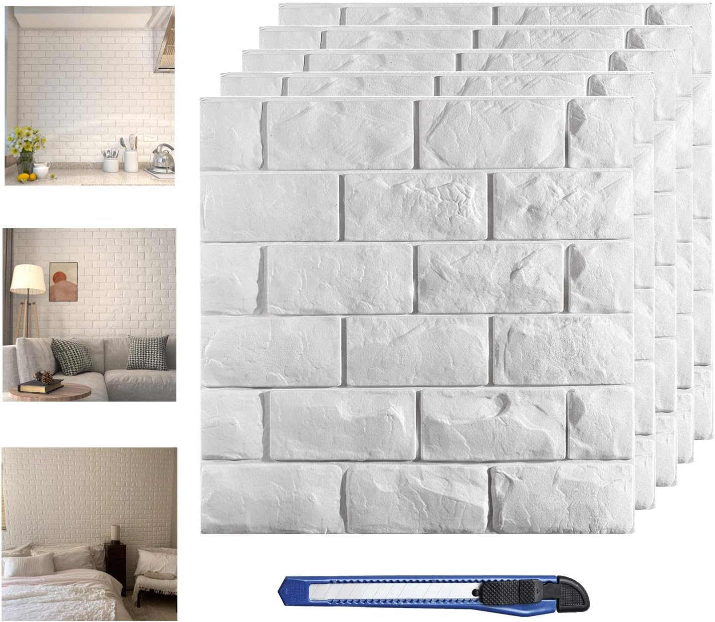 Amazon.com: White 3D Brick Wallpaper 20 pcs Faux Brick Textured Effect ...