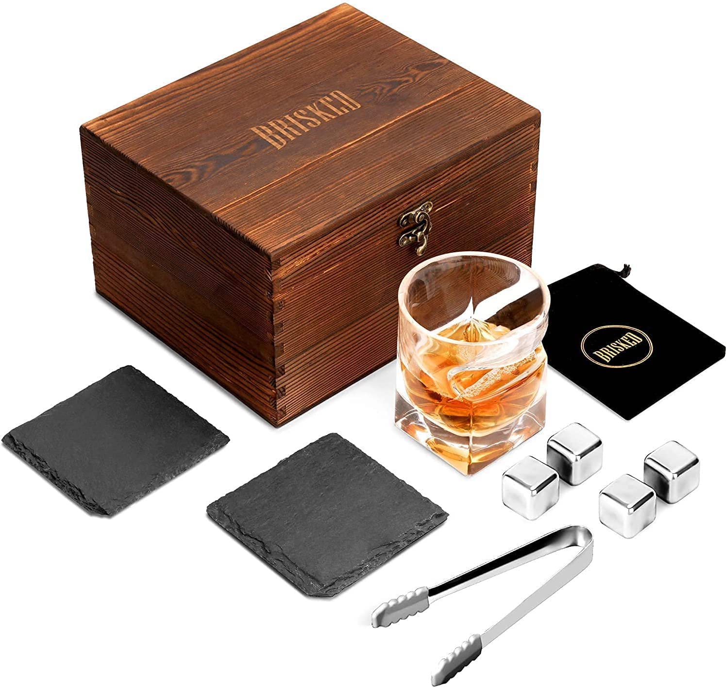 Whiskey Glass Set with Wooden Gift Box, Whisky Stones and Slate Stone ...