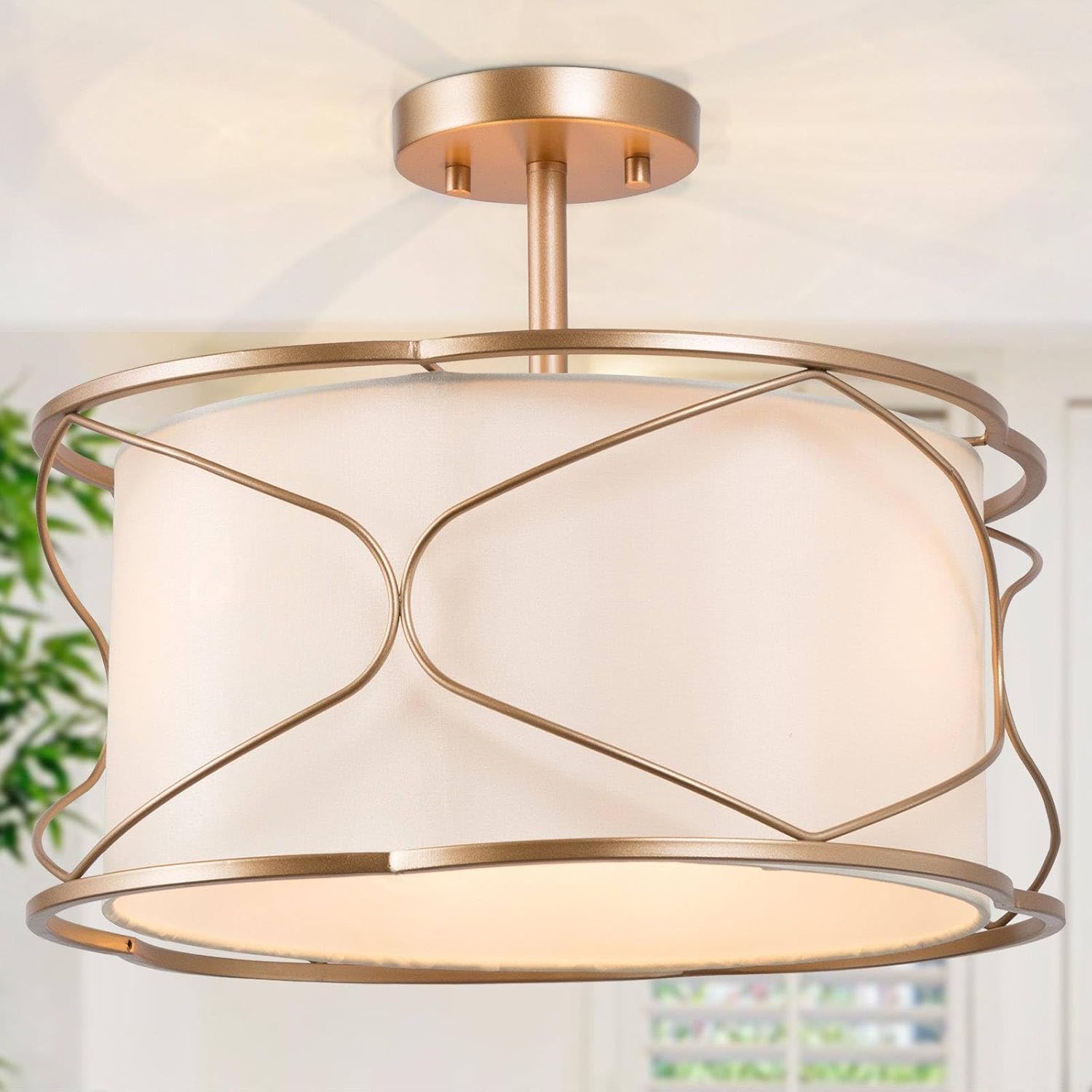 KSANA Gold Semi Flush Mount Ceiling Light, Modern 3-Light Drum Close to ...
