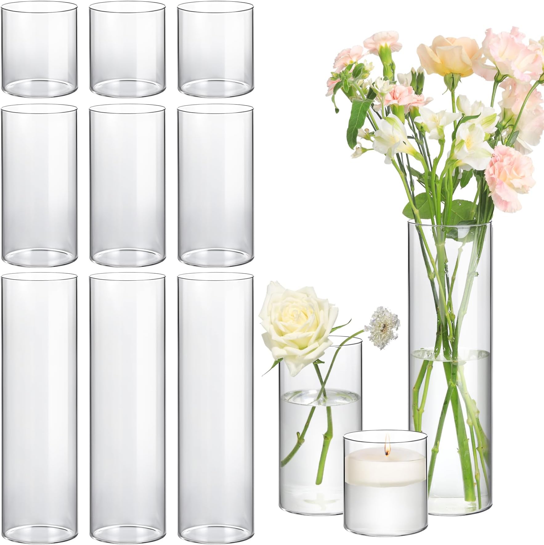 Amazon.com: Set of 12 Glass Cylinder Vases 4 from Each Size 4 Inch, 8 ...