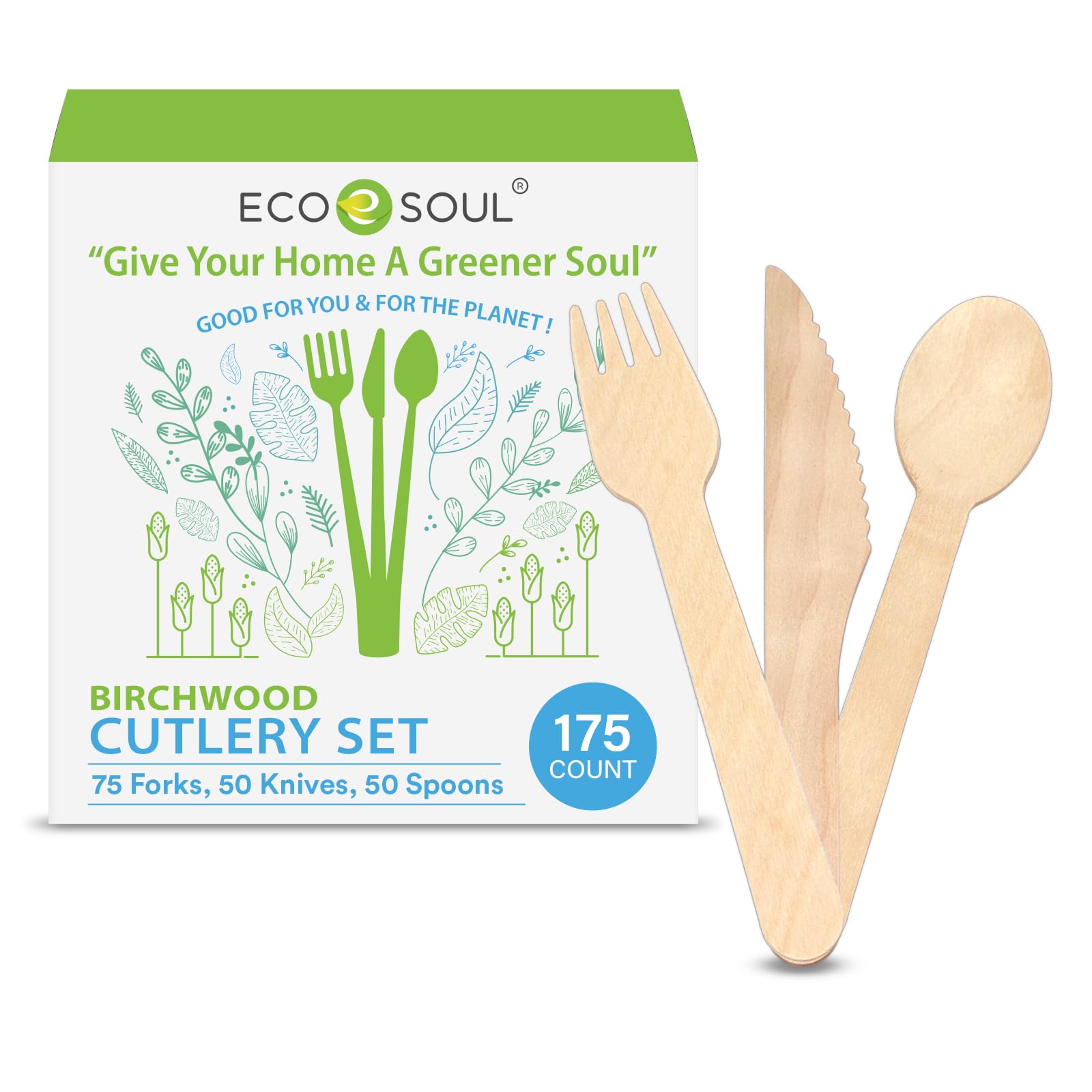 ECO SOUL 100% Compostable Cutlery [175-Pack] Disposable Wooden Cutlery ...