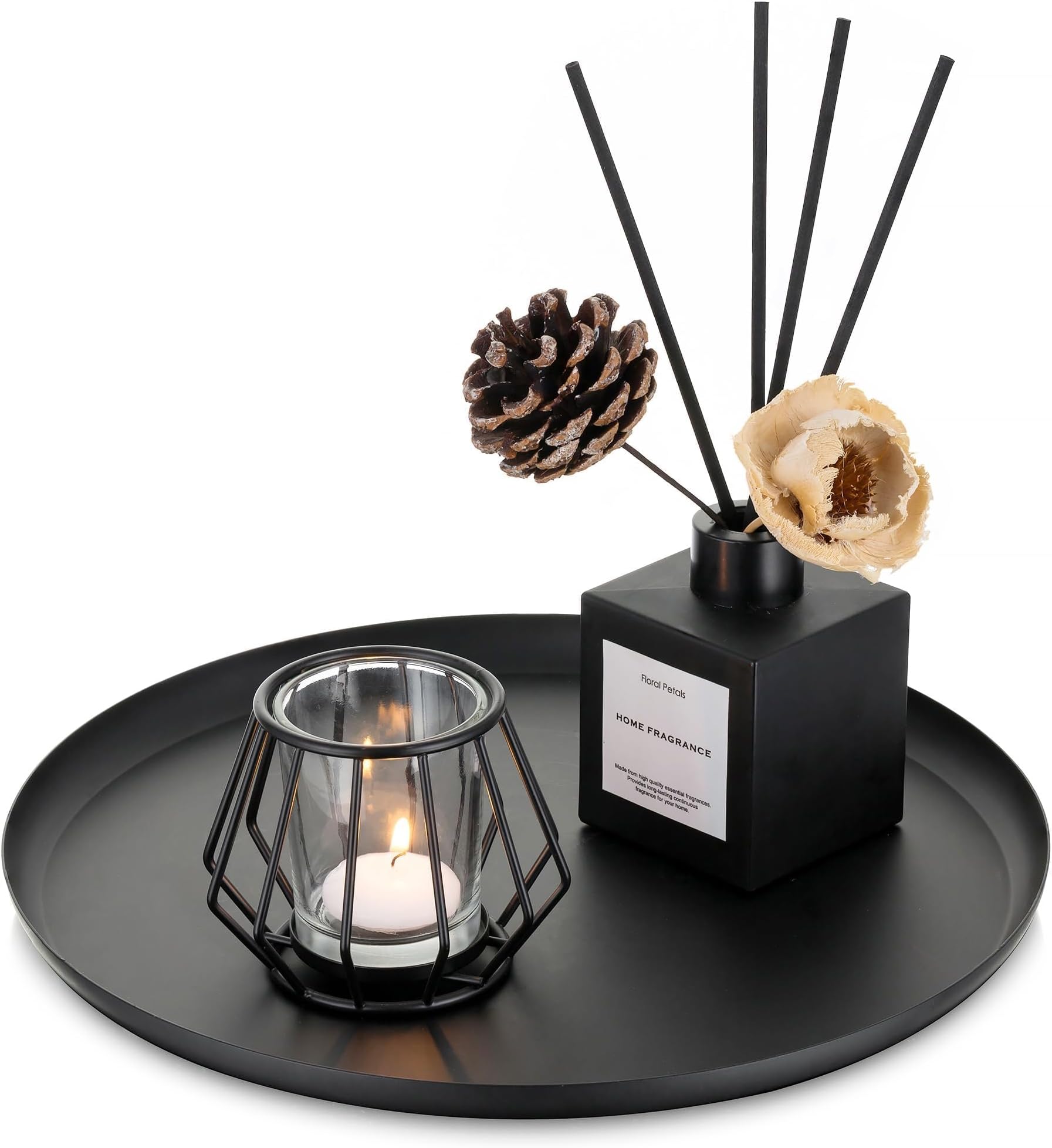 Romadedi Round Decorative Black Tray - Metal Candle Trays for Coffee ...