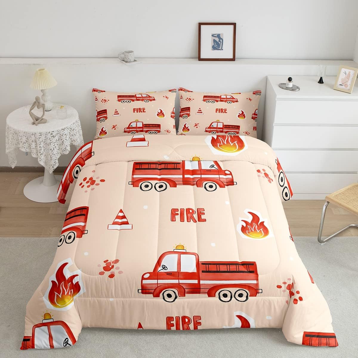 Feelyou Cartoon Car Comforter Set Kids Fire Truck Comforter for Boys ...
