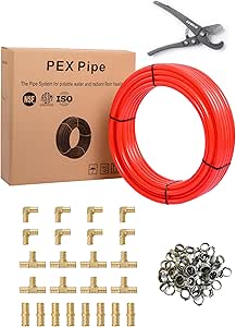 EFIELD 1/2 Inch 100 ft Pex-b Pipe, Red Color, 24 Pcs 1/2" Pex Crimp ...