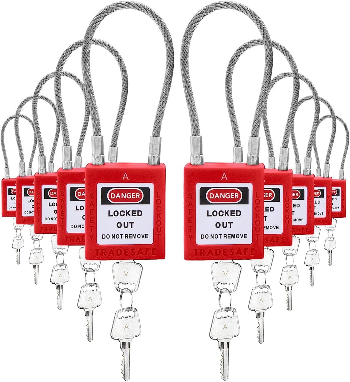 TRADESAFE Lockout Tagout Steel Cable Locks with Key, 10 Red Keyed Alike ...