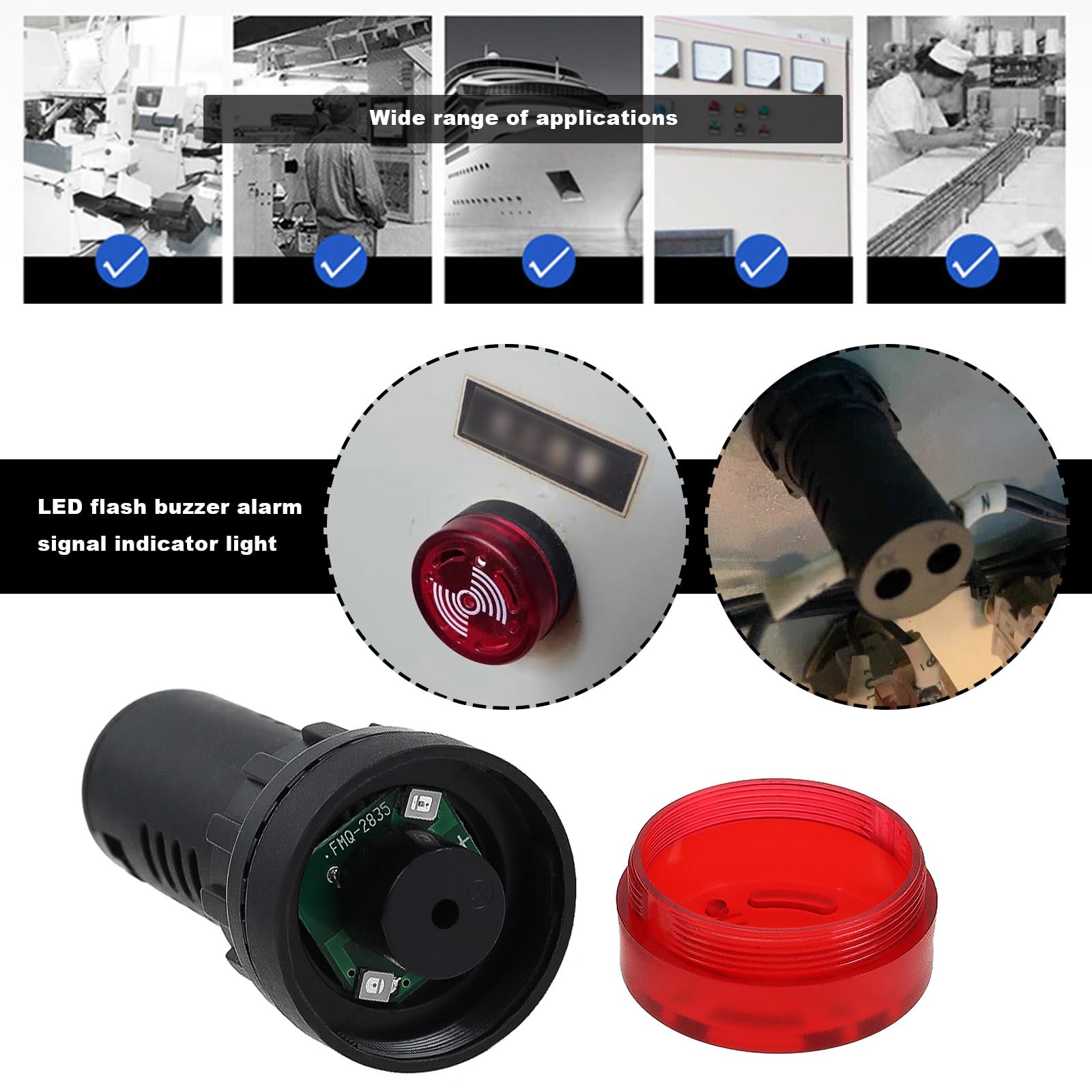 YINETTECH 5Pcs AC/DC 22mm Red Indicator Light with Buzzer Panel Mount ...