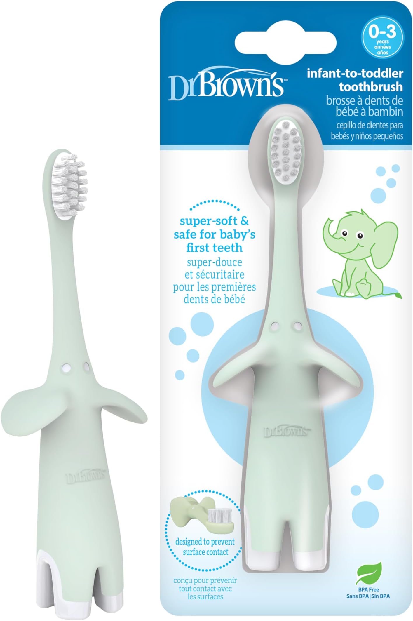 Dr. Brown's Infant-to-Toddler Toothbrush, Elephant, Mint, 0-3 Years ...