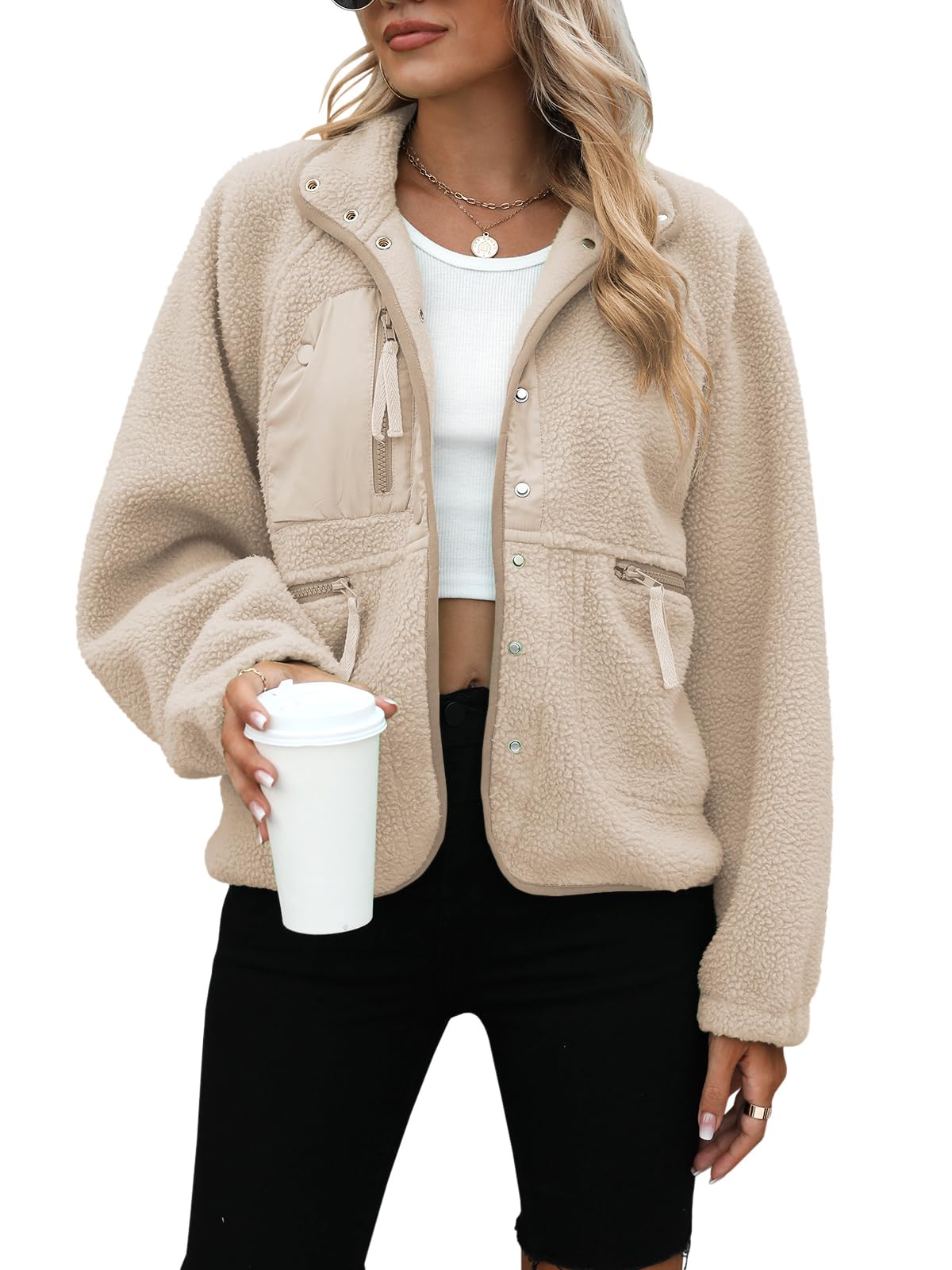 Yanekop Womens Fleece Jacket Fuzzy Long Sleeve Short Coats Button Down ...