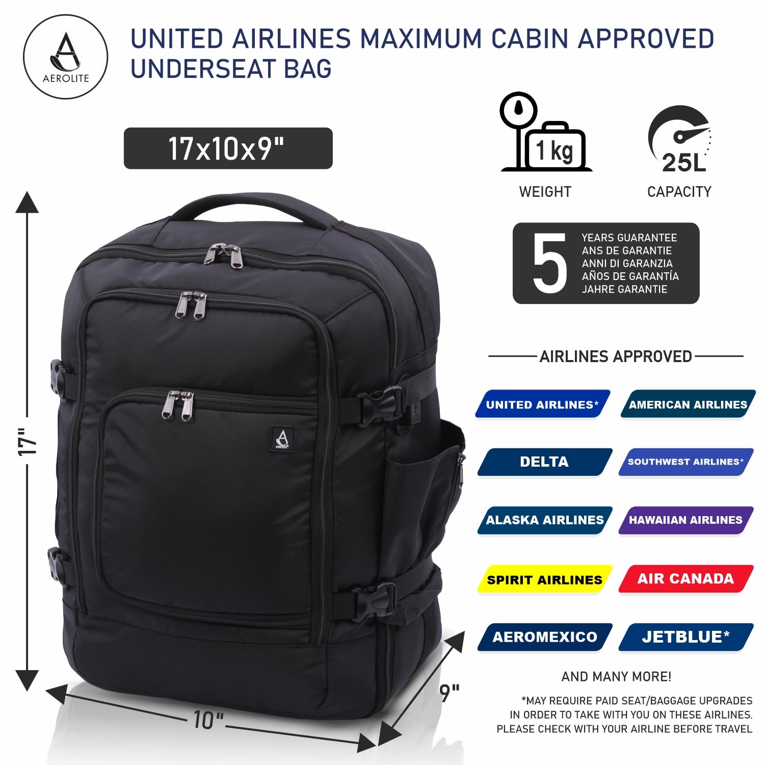 Aerolite 17x10x9” United Airlines Maximum Size Backpack Eco-Friendly ...