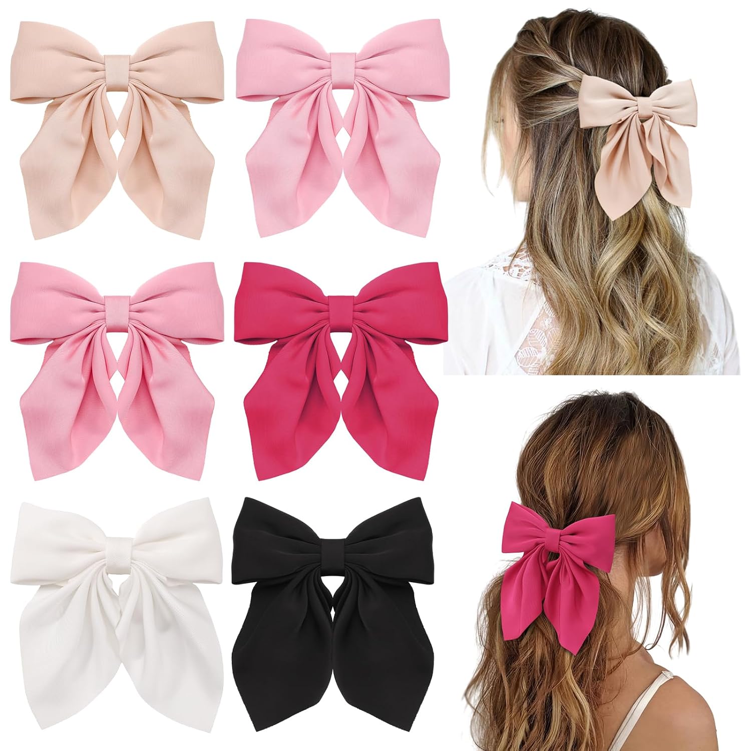 Amazon.com : 6Pcs Hair Bows for Women, Bow Hair Clips, Silky Satin Hair ...