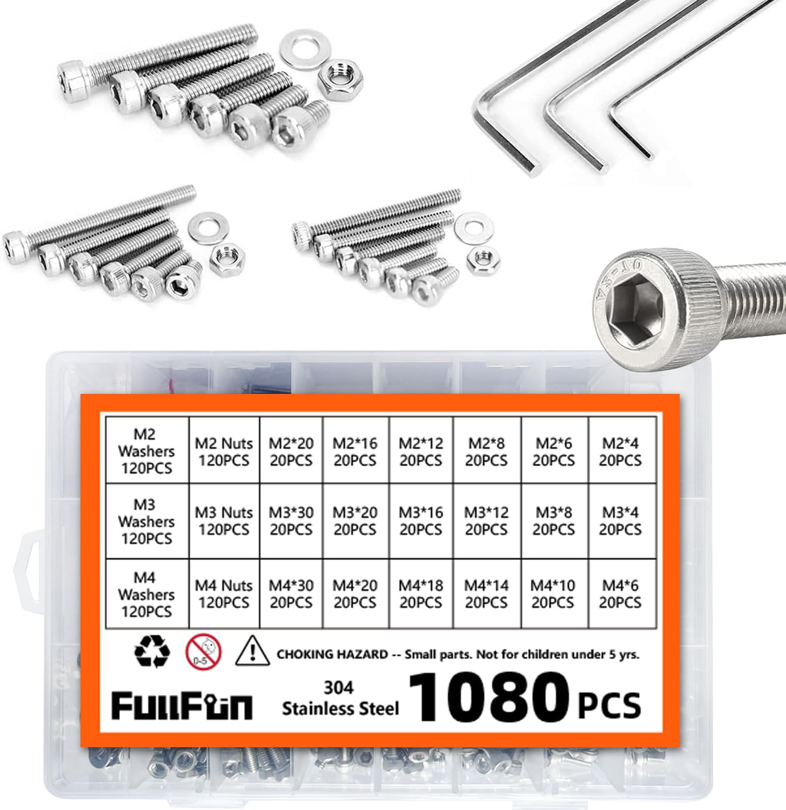 FullFun 1080PCS M2 M3 M4 Hex Socket Head Cap Screw Bolts Nuts and ...