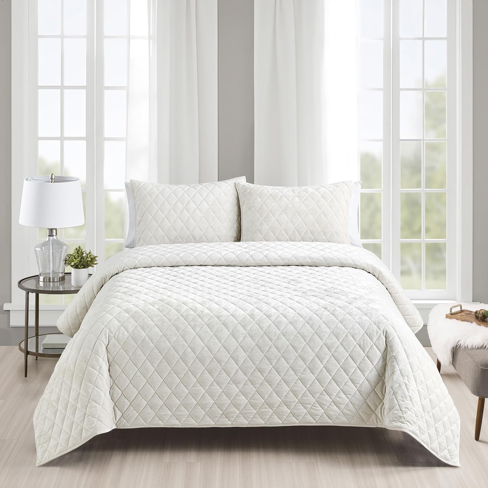 Amazon.com: Fredsure Distressed Velvet Quilt Set, 3 Pieces Light Ivory ...