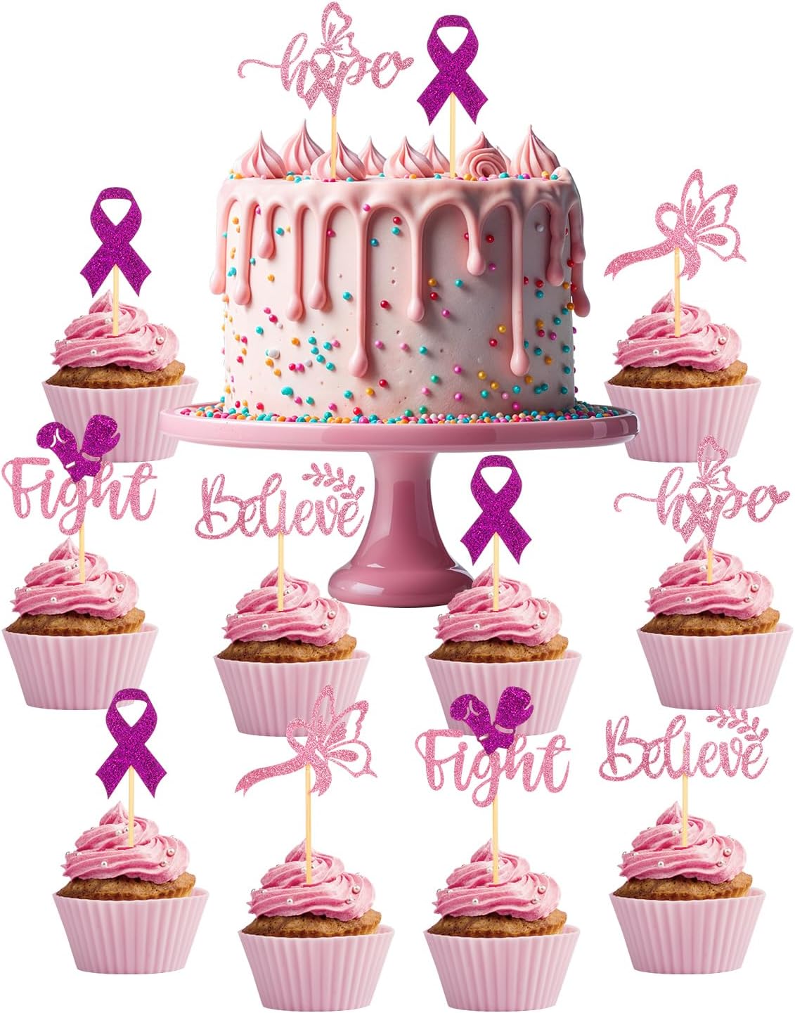 Amazon.com: RAYNAG 36 Pieces Breast Cancer Awareness Cupcake Toppers ...