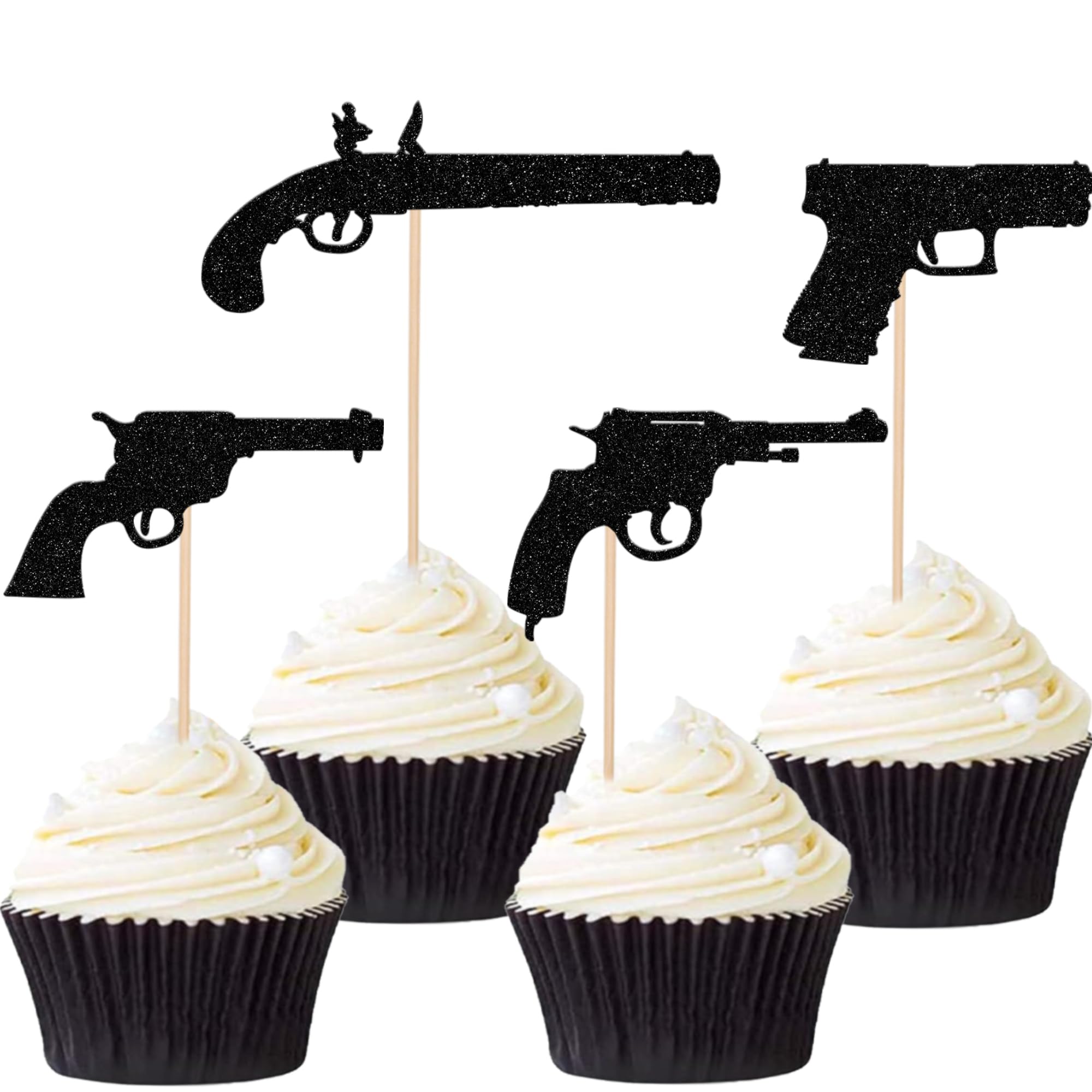 Amazon.com: 24 PCS Gun Cupcake Toppers Black Glitter Gun Pistol ...