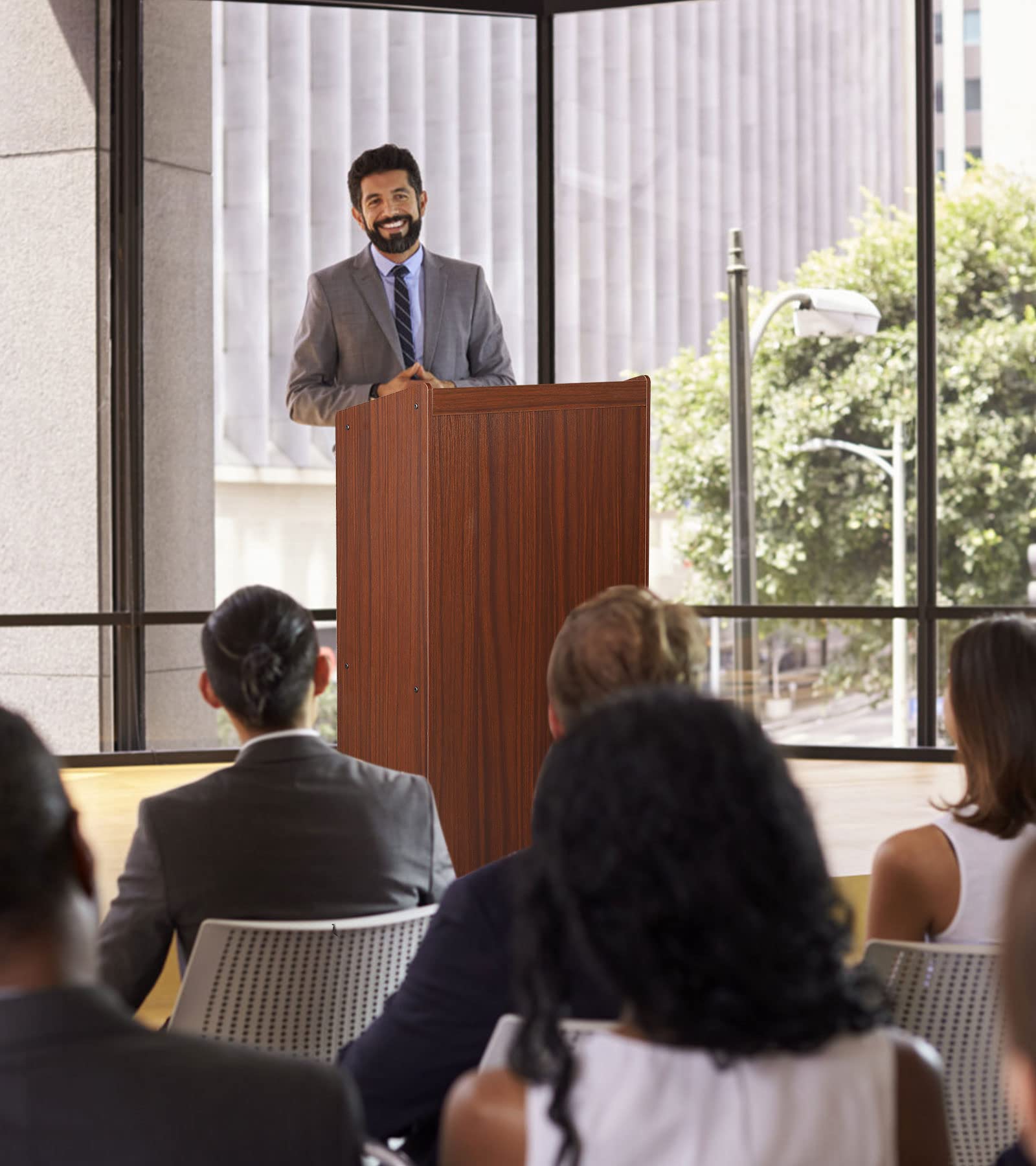 Podium Stand Portable, Wooden Rolling Desk Lectern Reception Desk with ...