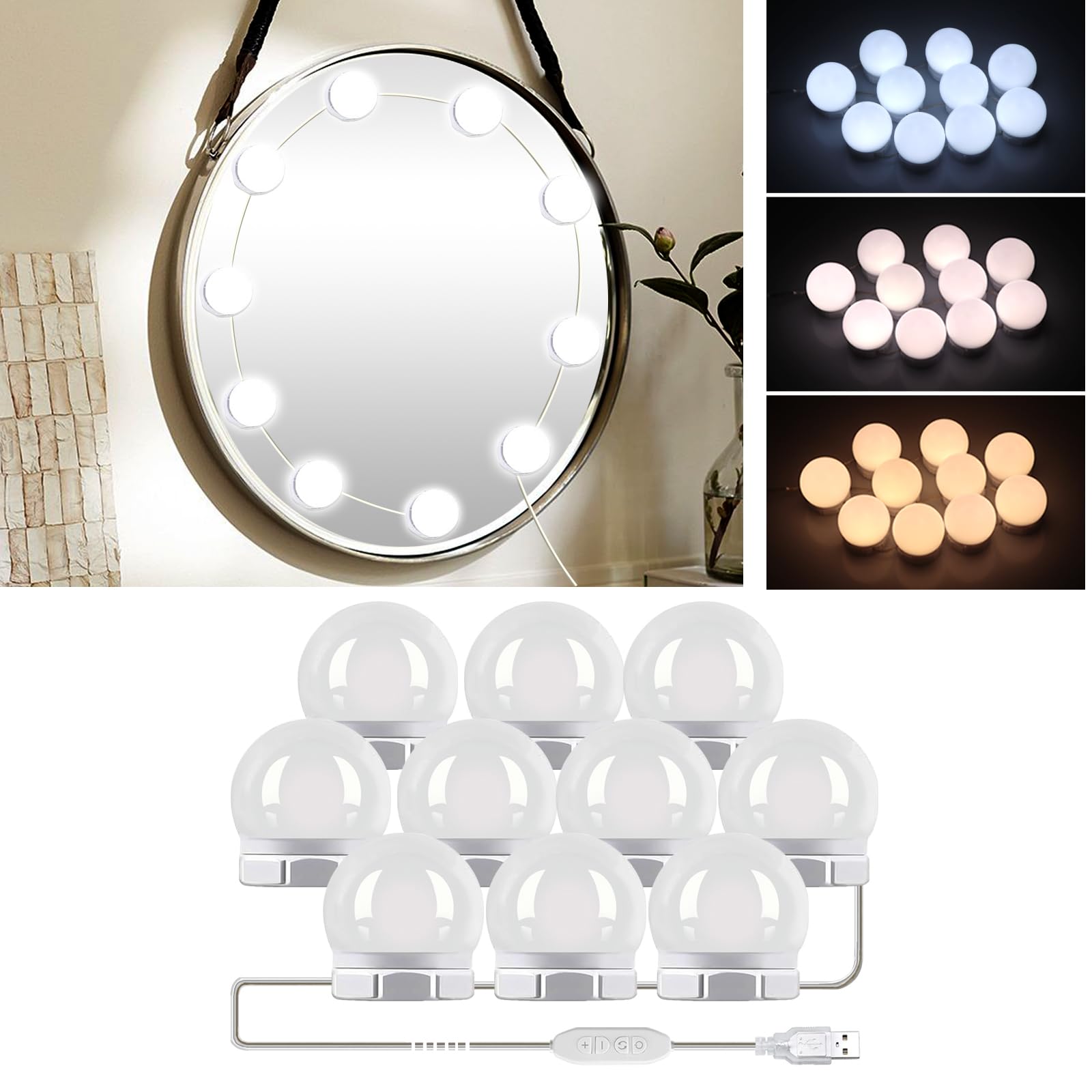 10 Bulbs Hollywood Mirror Lights with USB Cable, 3 Colours Changing ...