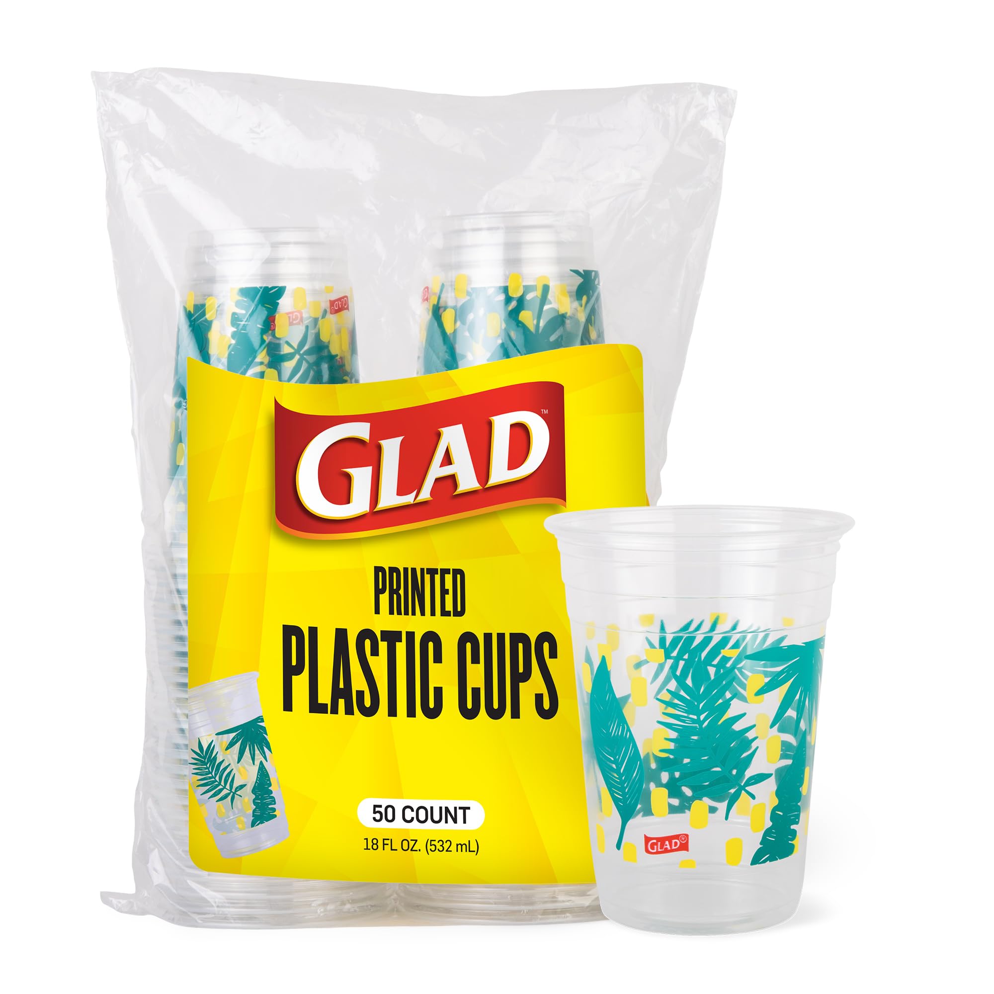 Amazon.com: Glad Everyday Clear Plastic Cups with Palm Leaf Print 18oz ...