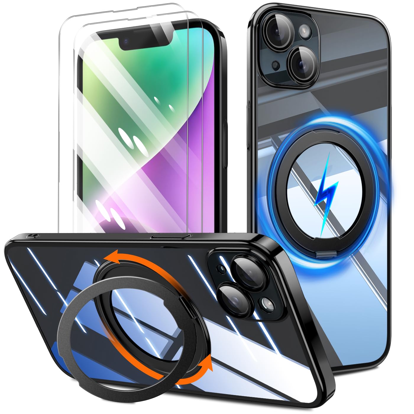 STERKER 360° Rotatable Magnetic Ring for iPhone 14 Plus Case Clear [Full Camera Lens Protection ...