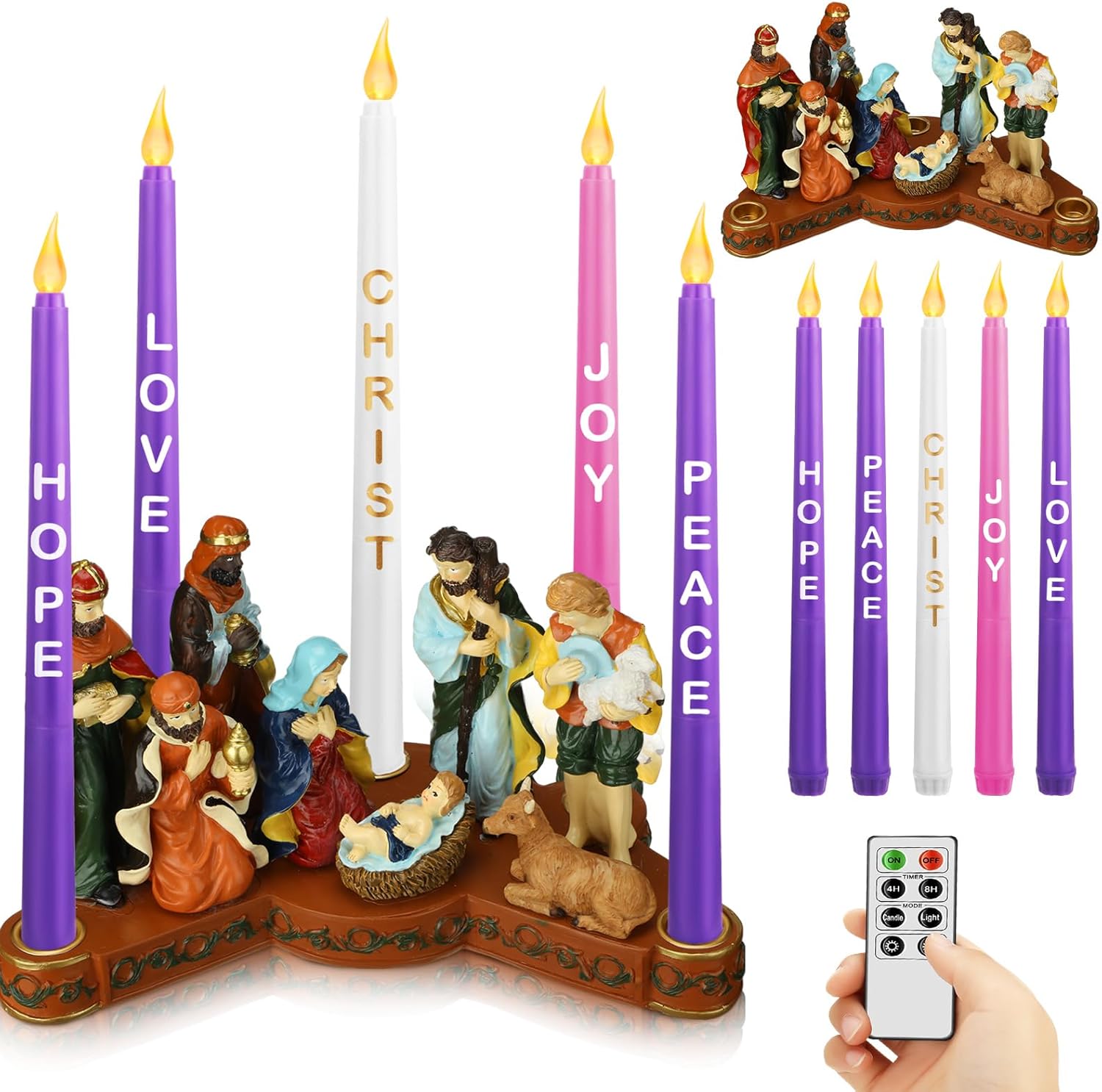Suclain Advent Candle Holder with 5 LED Flameless Candle Resin Nativity ...